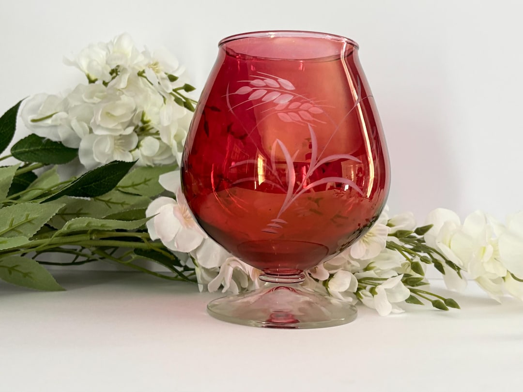Vintage Pink-cranberry Glass Brandy Snifter With Etched Wheat Stalks - Etsy