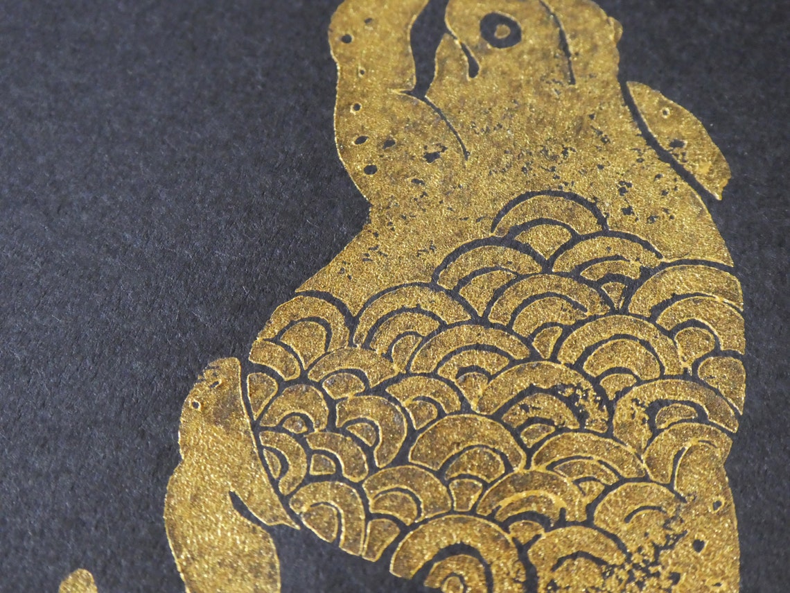 Frog, Toad, Japanese Yokai Monster Oogama Print, Hand Printed, Linocut ...