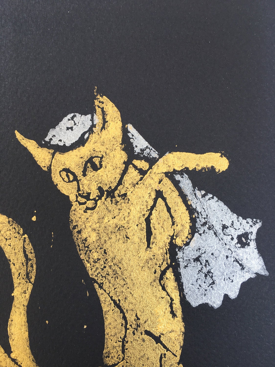Japanese Yokai Monster Nekomata two Tailed Cat Linocut / - Etsy