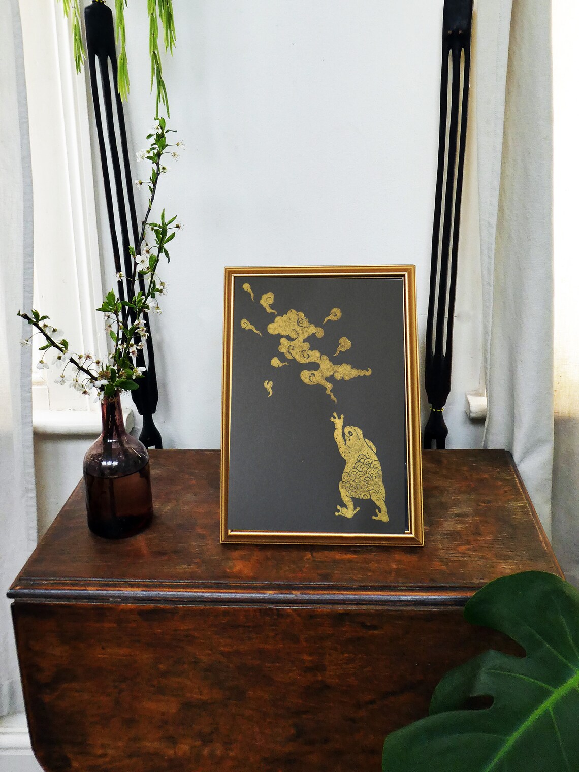 Frog, Toad, Japanese Yokai Monster Oogama Print, Hand Printed, Linocut ...