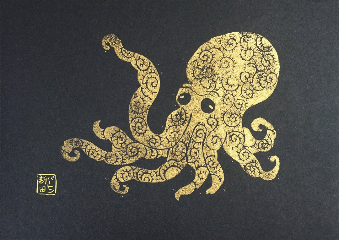 Japanese Yokai Monster Kraken Octopus Oodako 大蛸 Linocut Lino Print ...