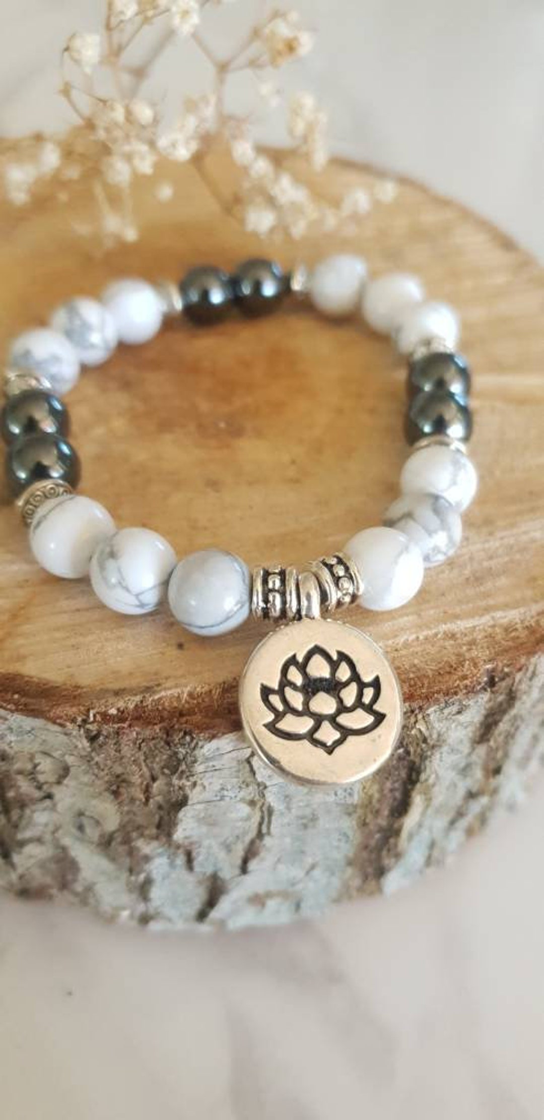 Jewel Hematite and Howlite Natural Stone Bracelet. Handmade Jewelry for ...