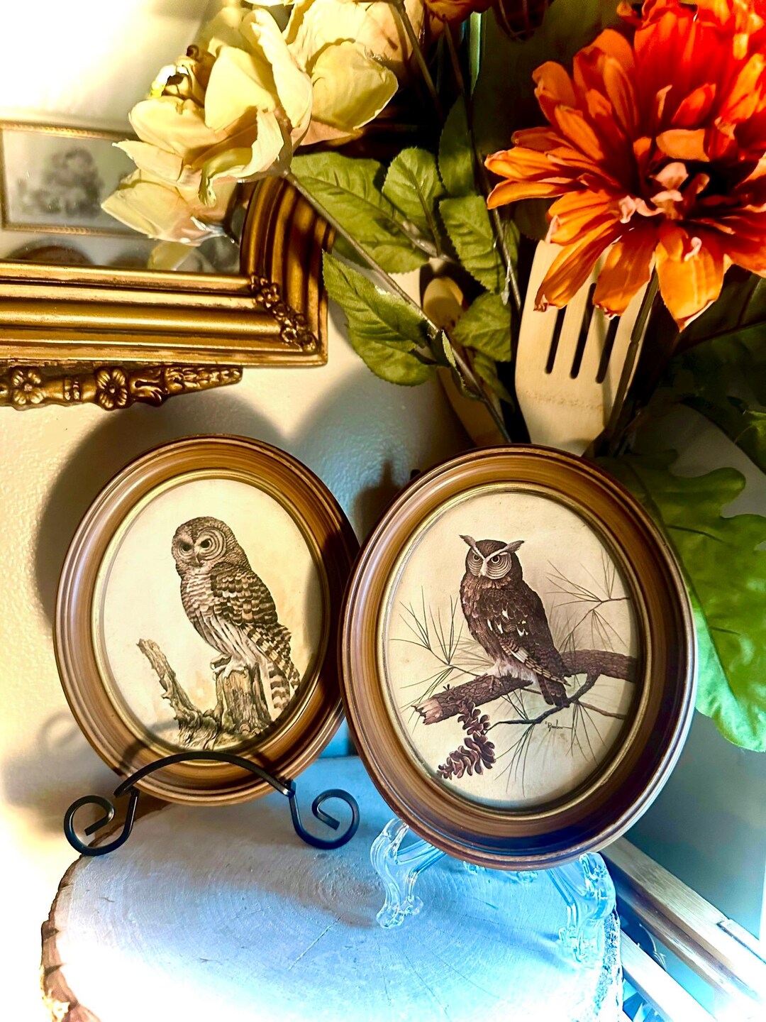 Vintage Mid Century 70s Rustic Gotchic Set of 2 Oval Framed Owl Art ...