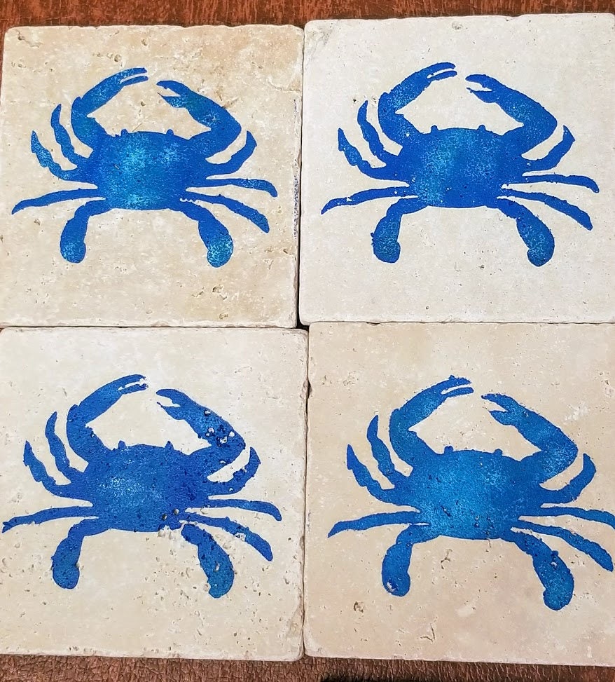 White Stone Watercolor Blue Crab Coaster Set COR4 Coasters Drinkware ...