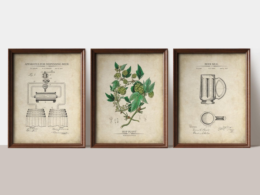 Beer Brewing Gift, Vintage Beer Patent Prints & Hops Illustration, Beer ...