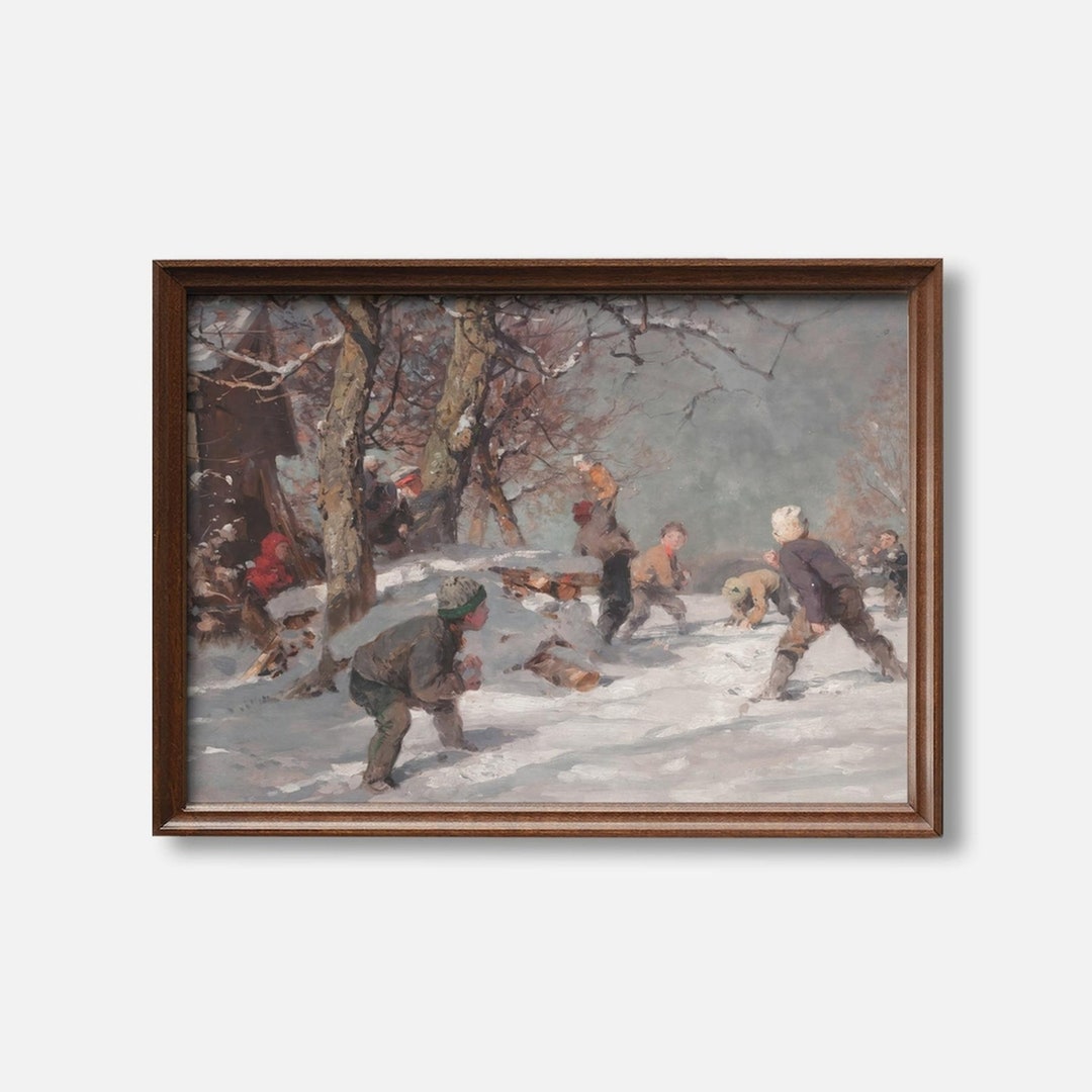 Winter Snowball Fight Vintage Art Print | Cozy Nursery Wall Decor ...
