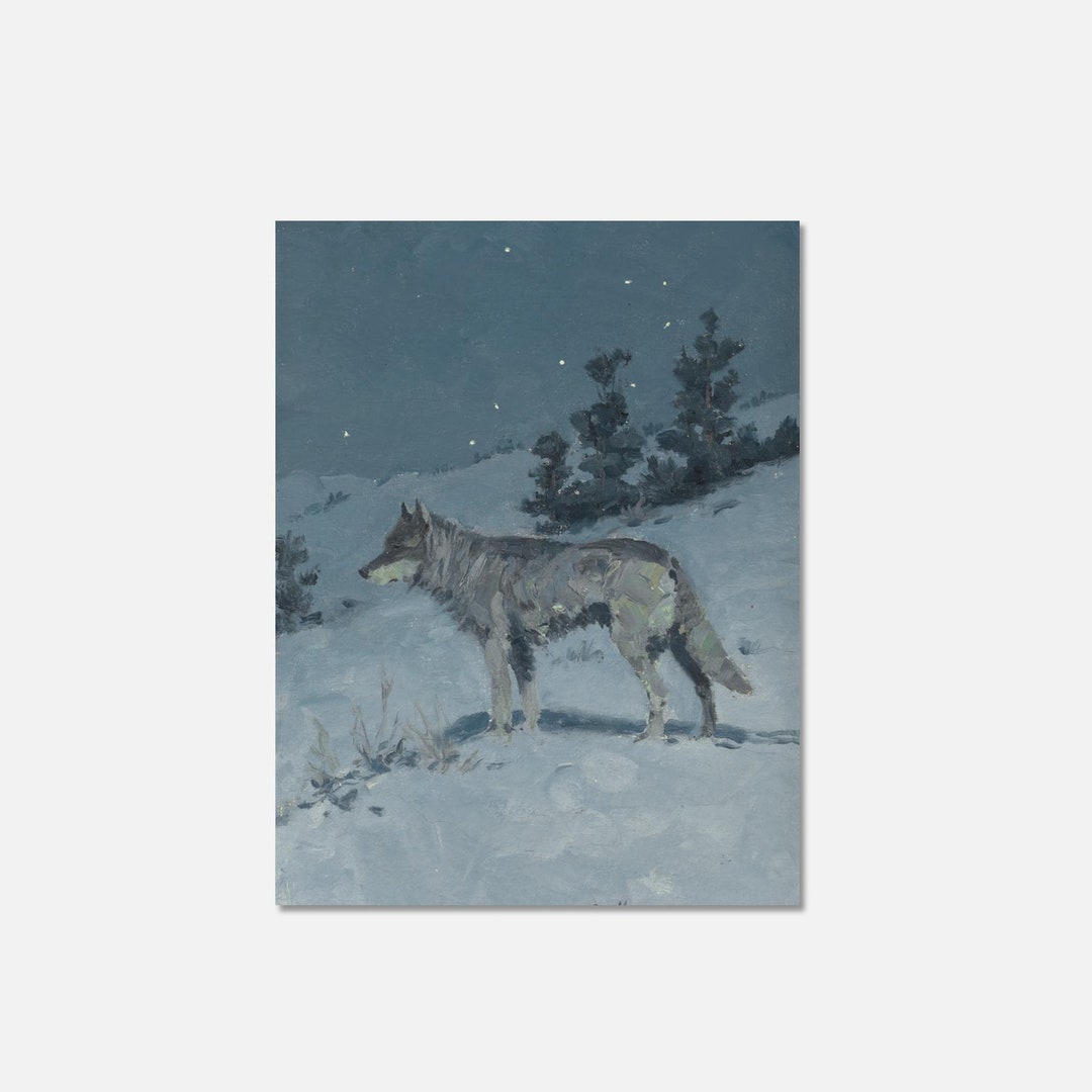 Lone Wolf in Starlight Winter Art Print | Nocturnal Wildlife Cabin ...