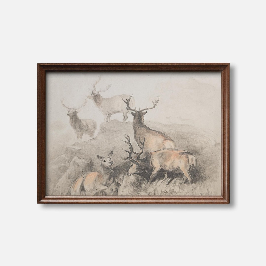 Majestic Deer Forest Drawing Art Print | Rustic Hunting Wall Art ...