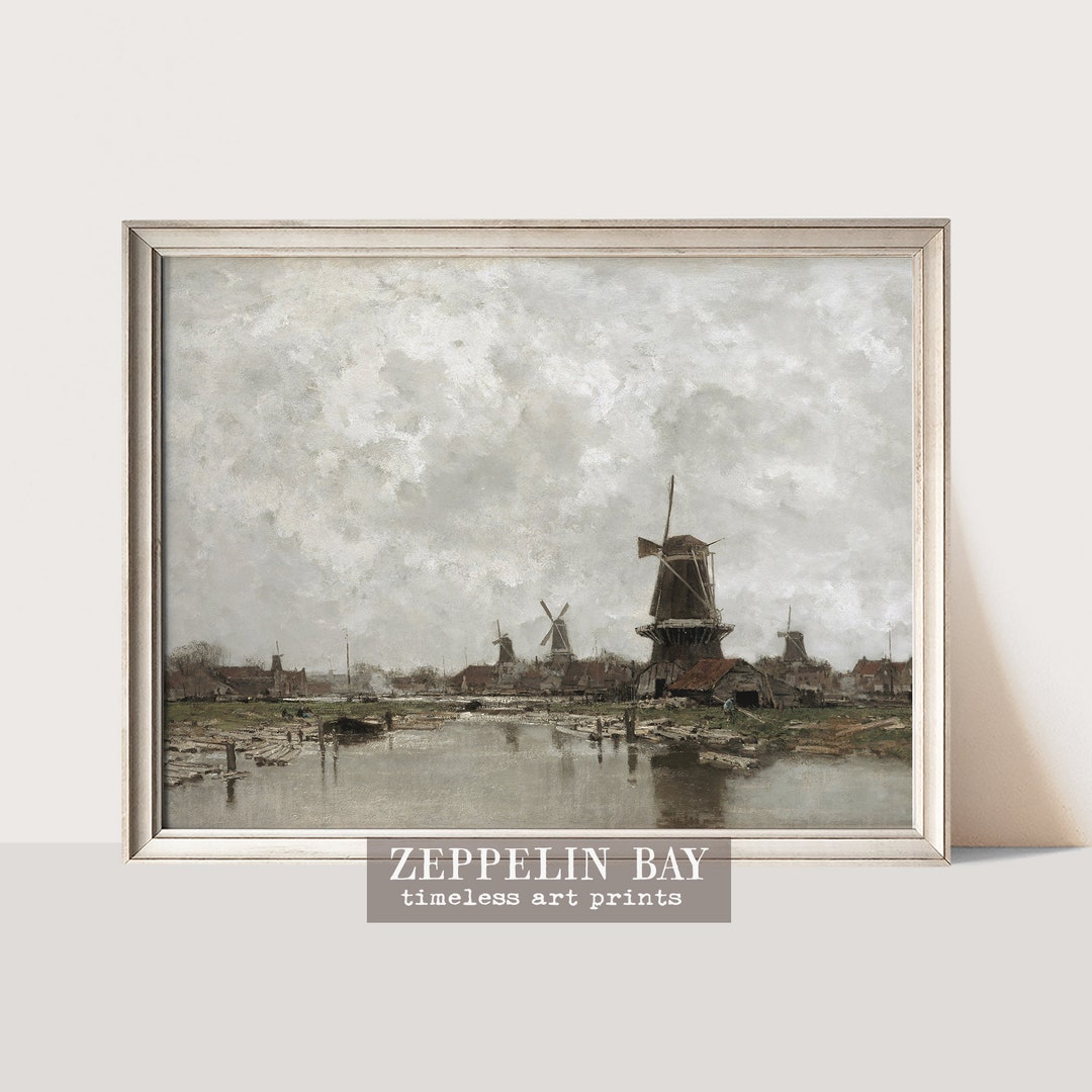 Vintage Windmill Print, Dutch Landscape Painting Reproduction Print ...