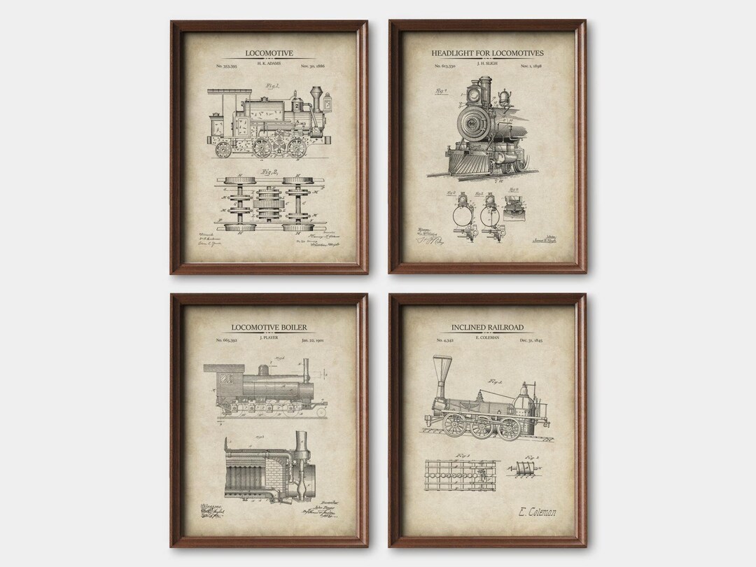 Train Patent Prints | Set of 4 | Antique Locomotive Prints | Train ...