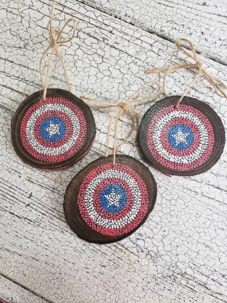 Captain America Wood Slice Tree Ornament // Dot Art // Ornaments ...