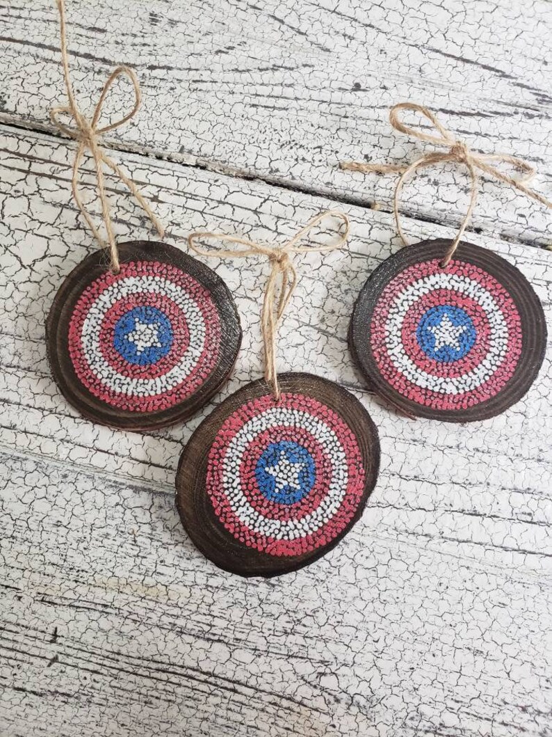 Captain America Wood Slice Tree Ornament // Dot Art // Ornaments ...