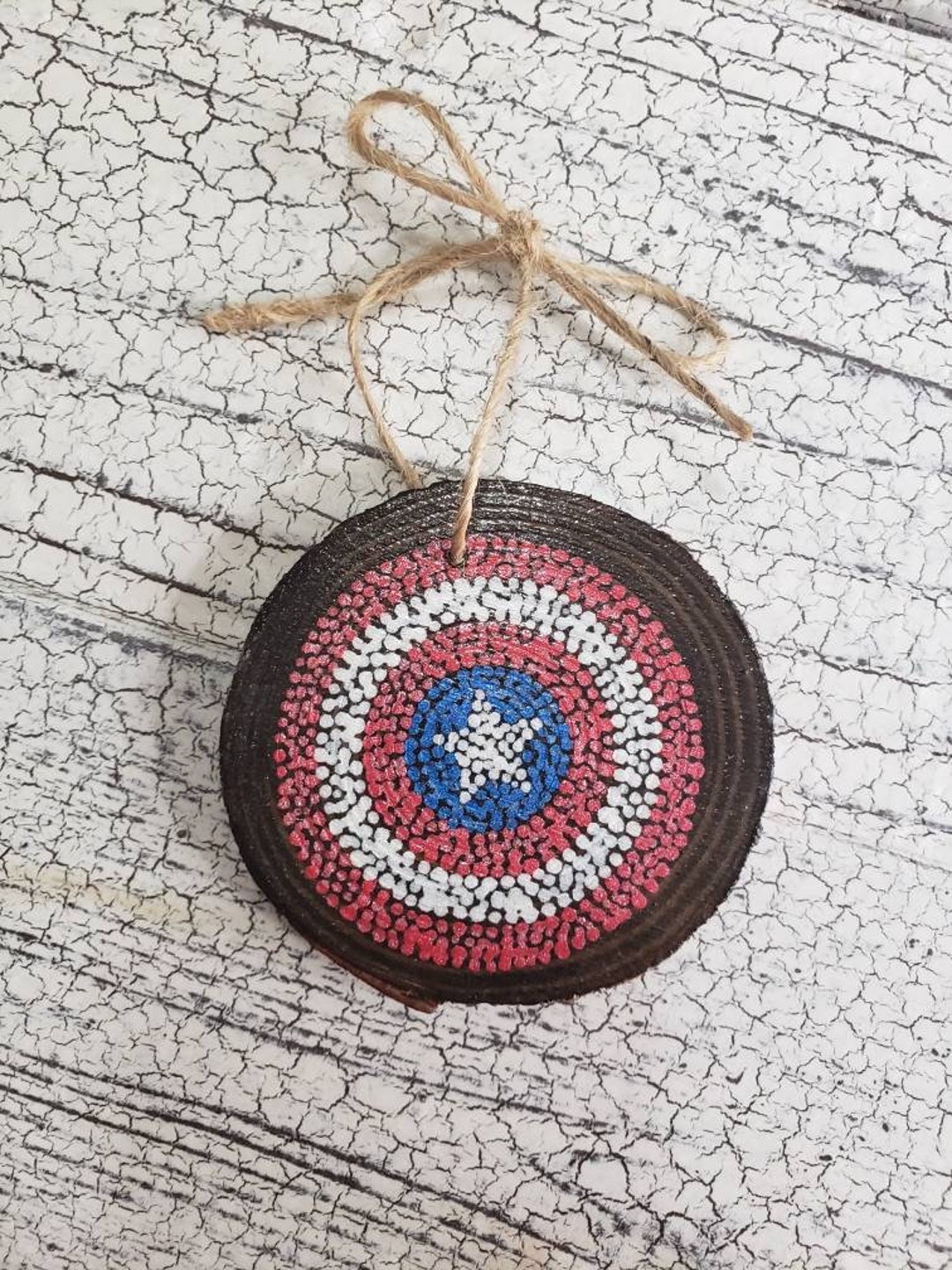 Captain America Wood Slice Tree Ornament // Dot Art // Ornaments ...