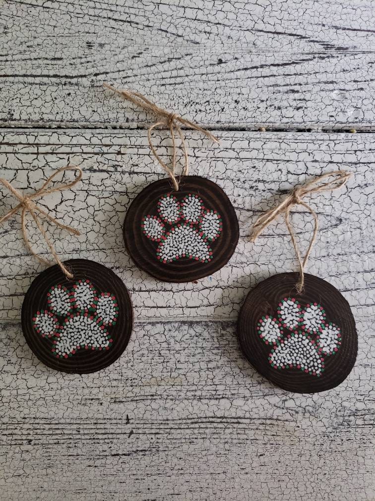 White Paw Print Wood Slice Tree Ornament // Dot Art // Ornaments ...
