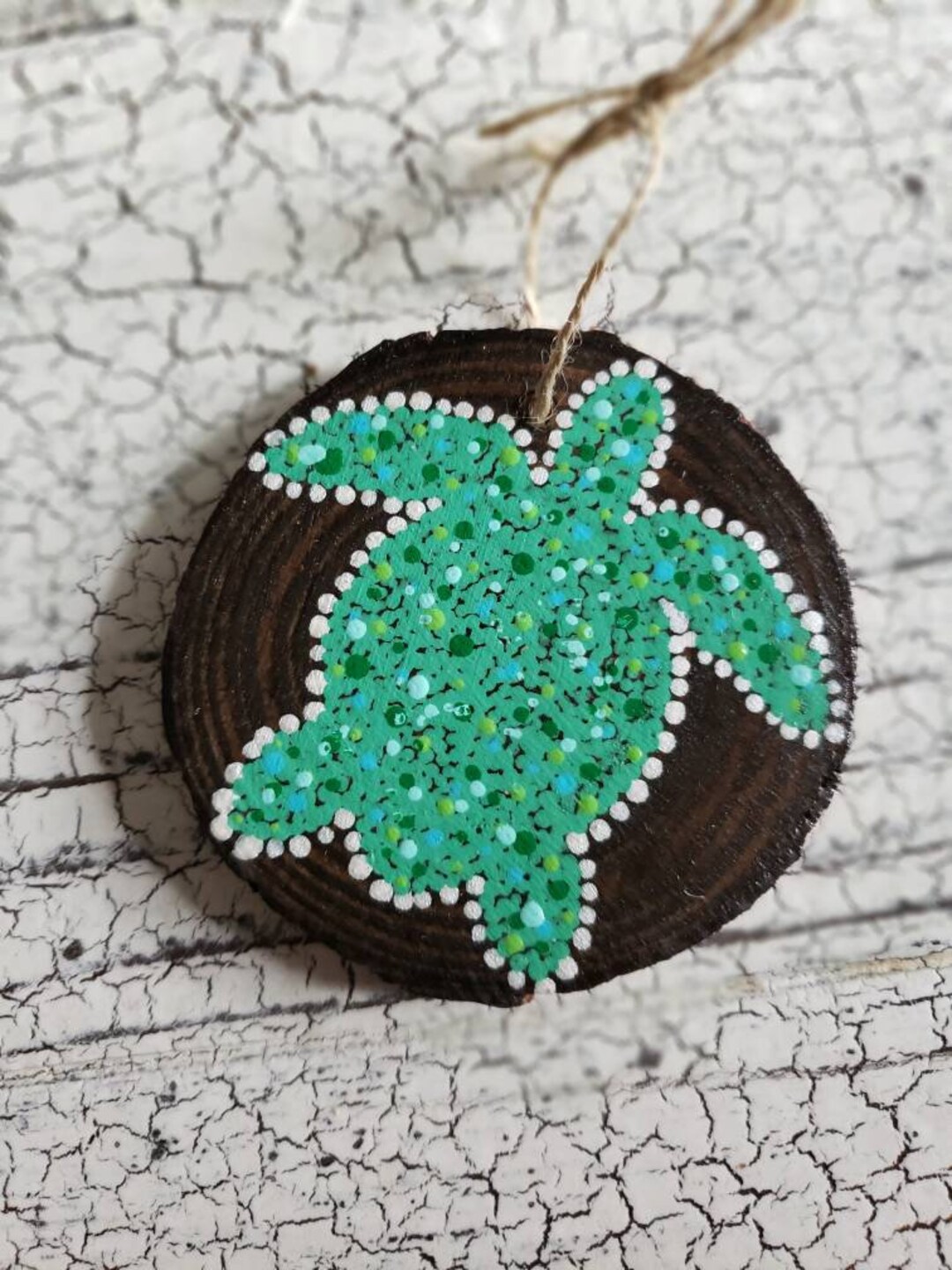 Sea Turtle Wood Slice Tree Ornament // Dot Art // Ornaments // Holiday ...