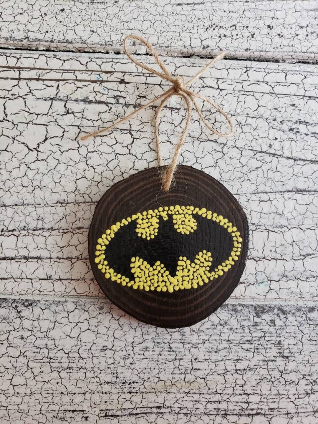 Batman Wood Slice Tree Ornament // Dot Art // Ornaments // Holiday ...