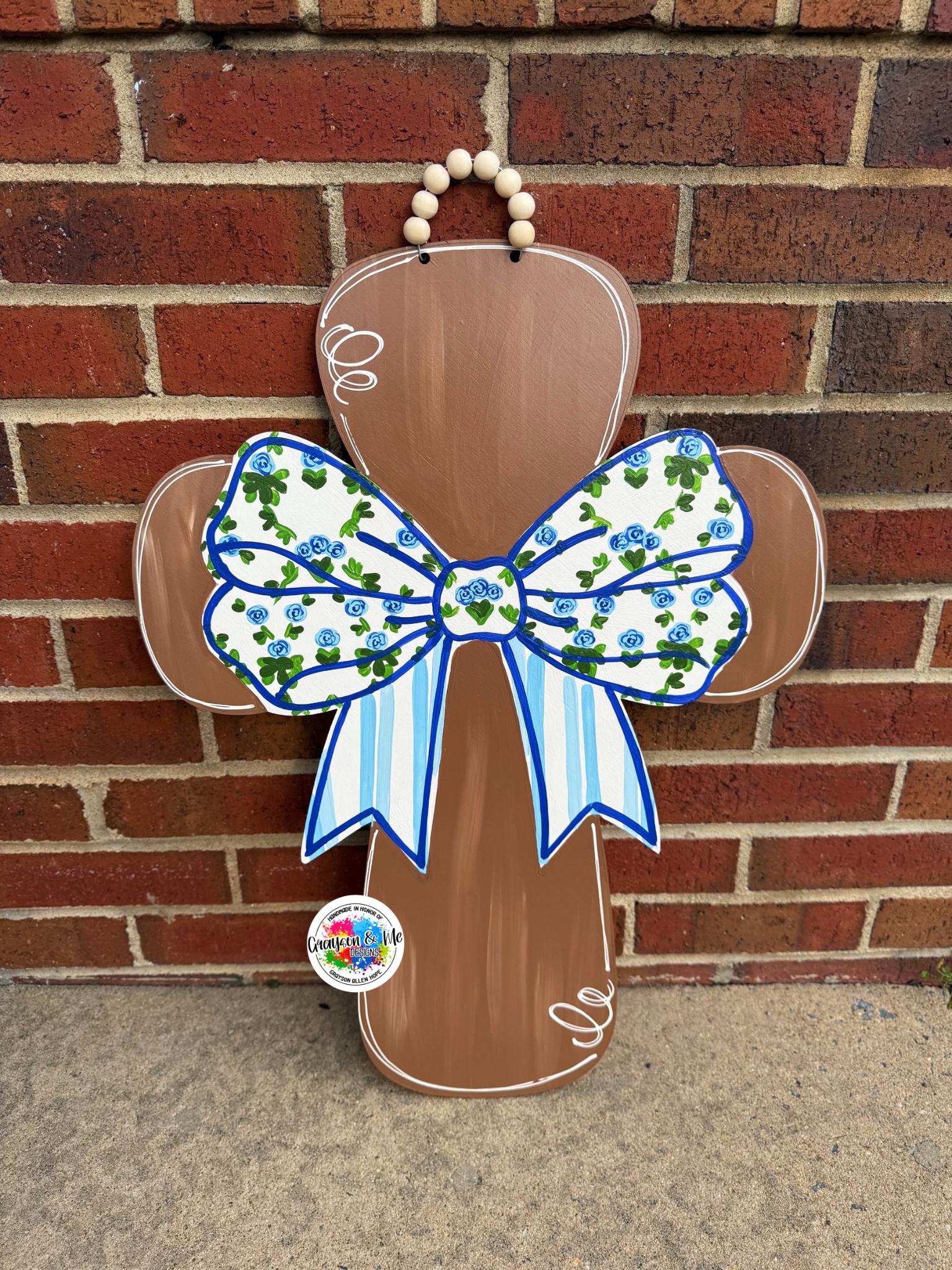 PREORDER: Blue Floral Bow Cross Door Hanger | Religious Door Hanger ...