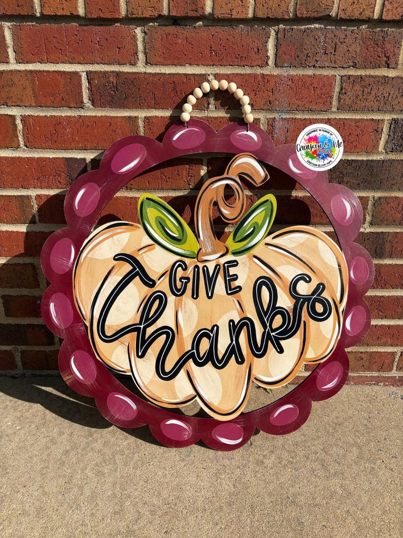 Handpainted Give Thanks Door Hanger: Thanksgiving Fall Pumpkin Design ...