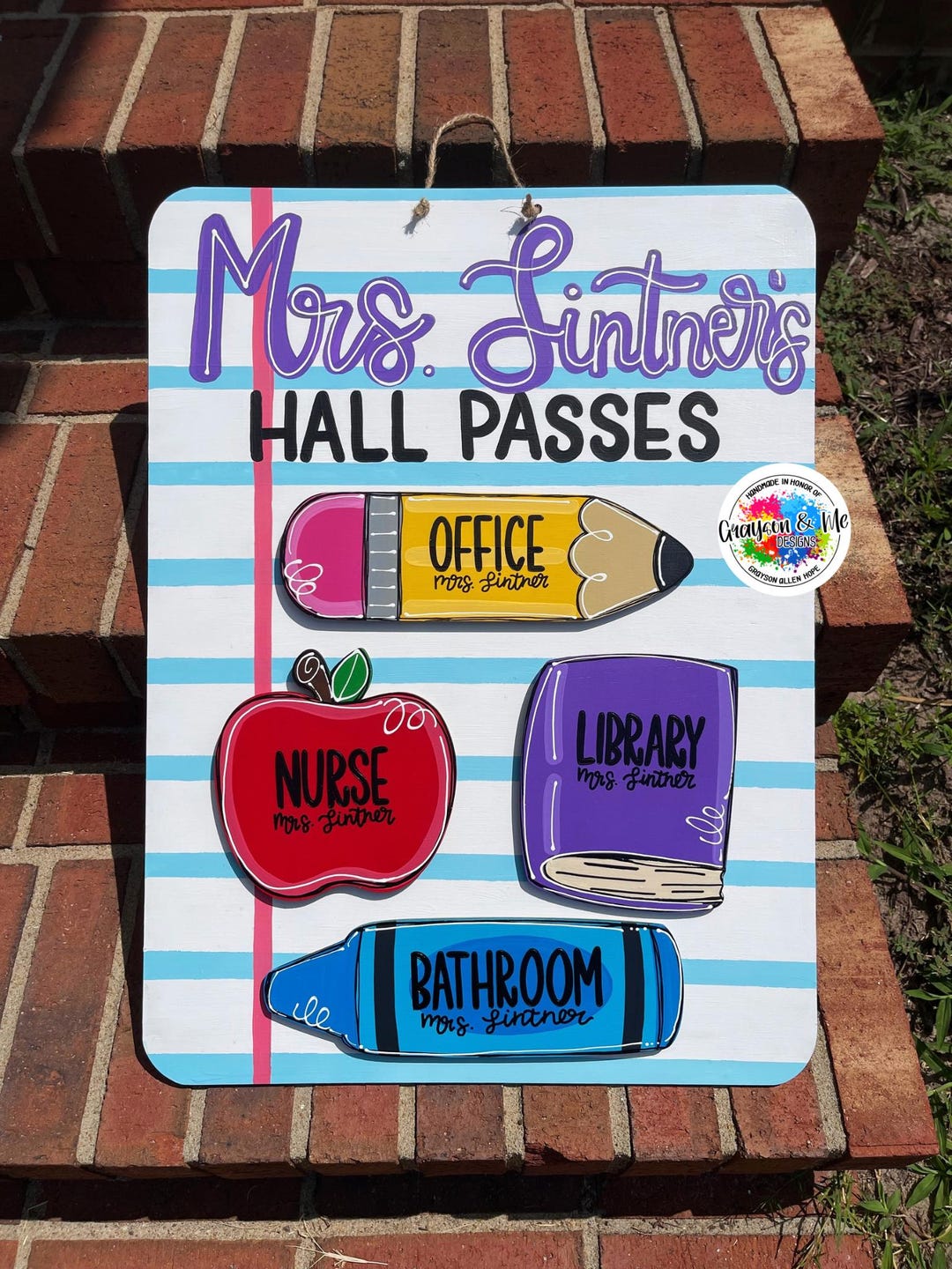 Handpainted Teacher Hall Pass Door Hanger: Apple, Pencil, Library - Etsy