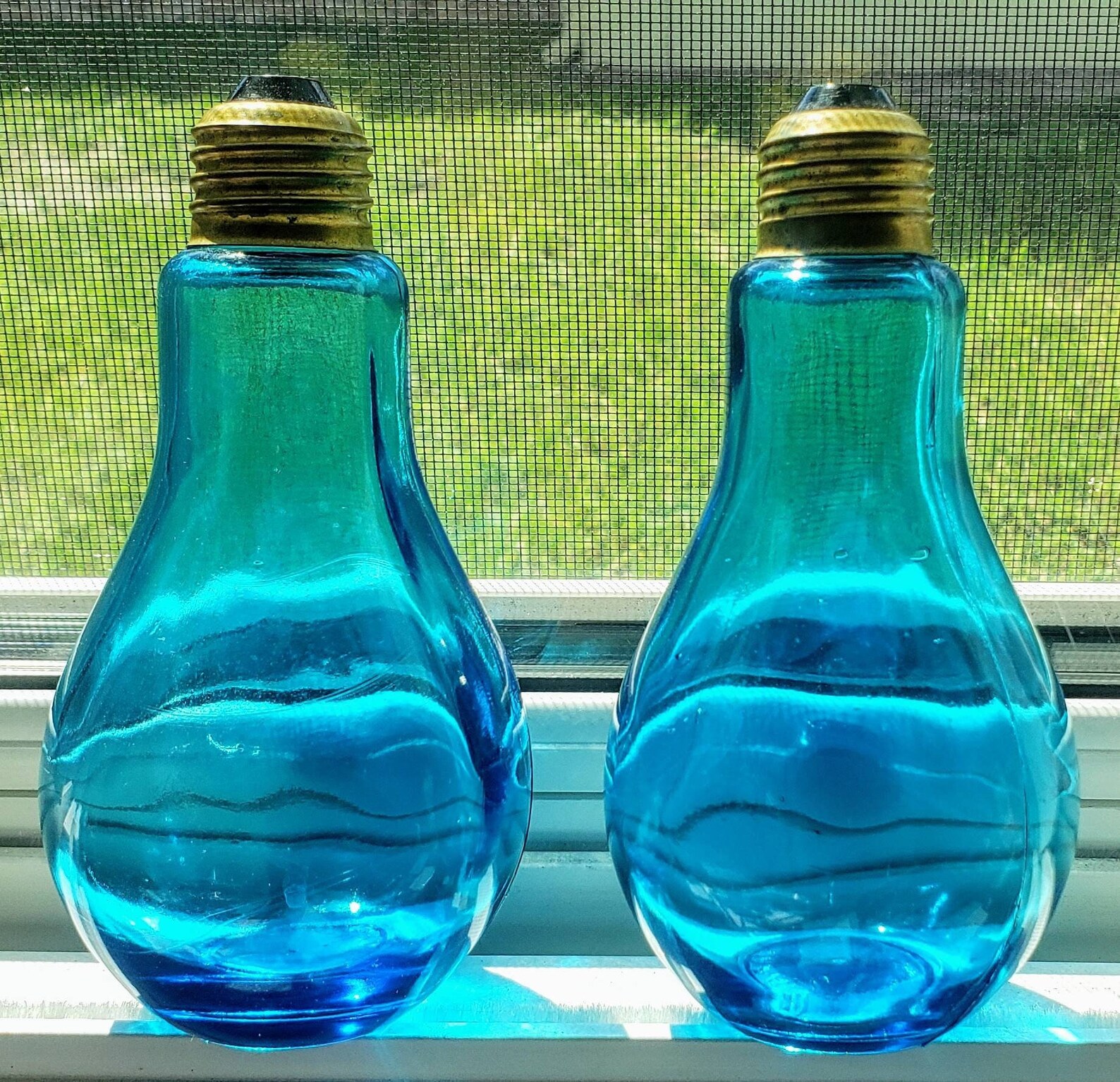 Aqua Blue Glass Light Bulb Salt Pepper Shakers Brass Tops Twist off ...