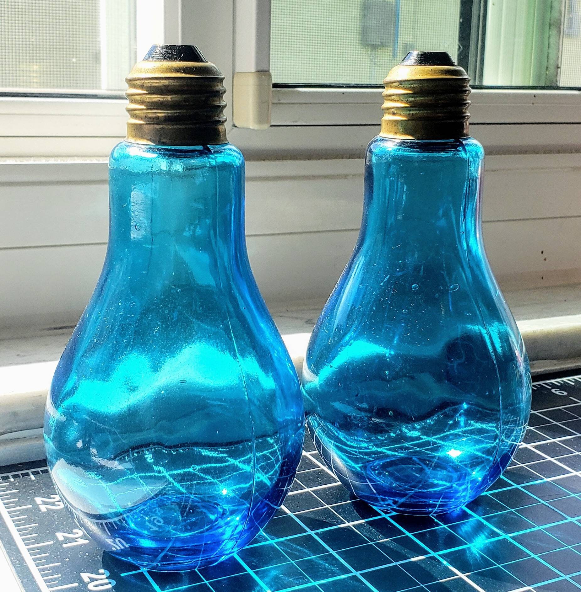 Aqua Blue Glass Light Bulb Salt Pepper Shakers Brass Tops Twist off ...