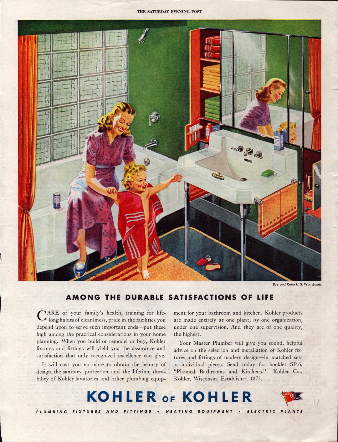 1945 Kohler Bathrooms Advertisement - Original Vintage Ad Page - Saturday Evening Post - WWII ...