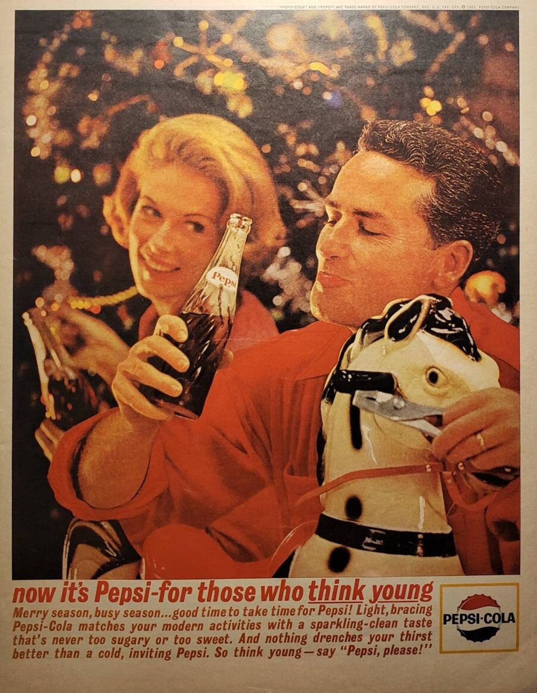 1963 Pepsi Vintage Christmas Print Ad 60s Pepsi Cola Think Young ...