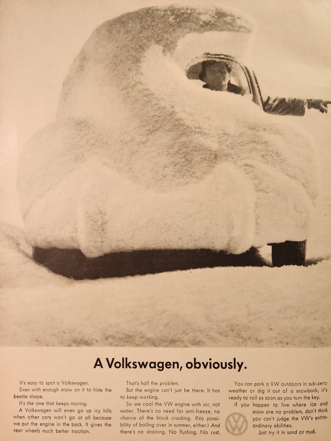 1961 VW Bug Vintage Print Ad - B&W Winter Snow Covered Bug Ad - 1960s ...