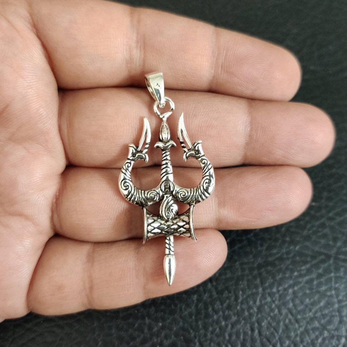 Trident pendant Sterling Silver Pendant Trident with Damru | Etsy