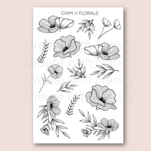 FLORAL LINE ART Sticker Sheet // Planner Stickers // Flower Stickers ...