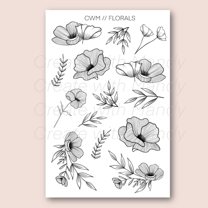FLORAL LINE ART Sticker Sheet // Planner Stickers // Flower - Etsy