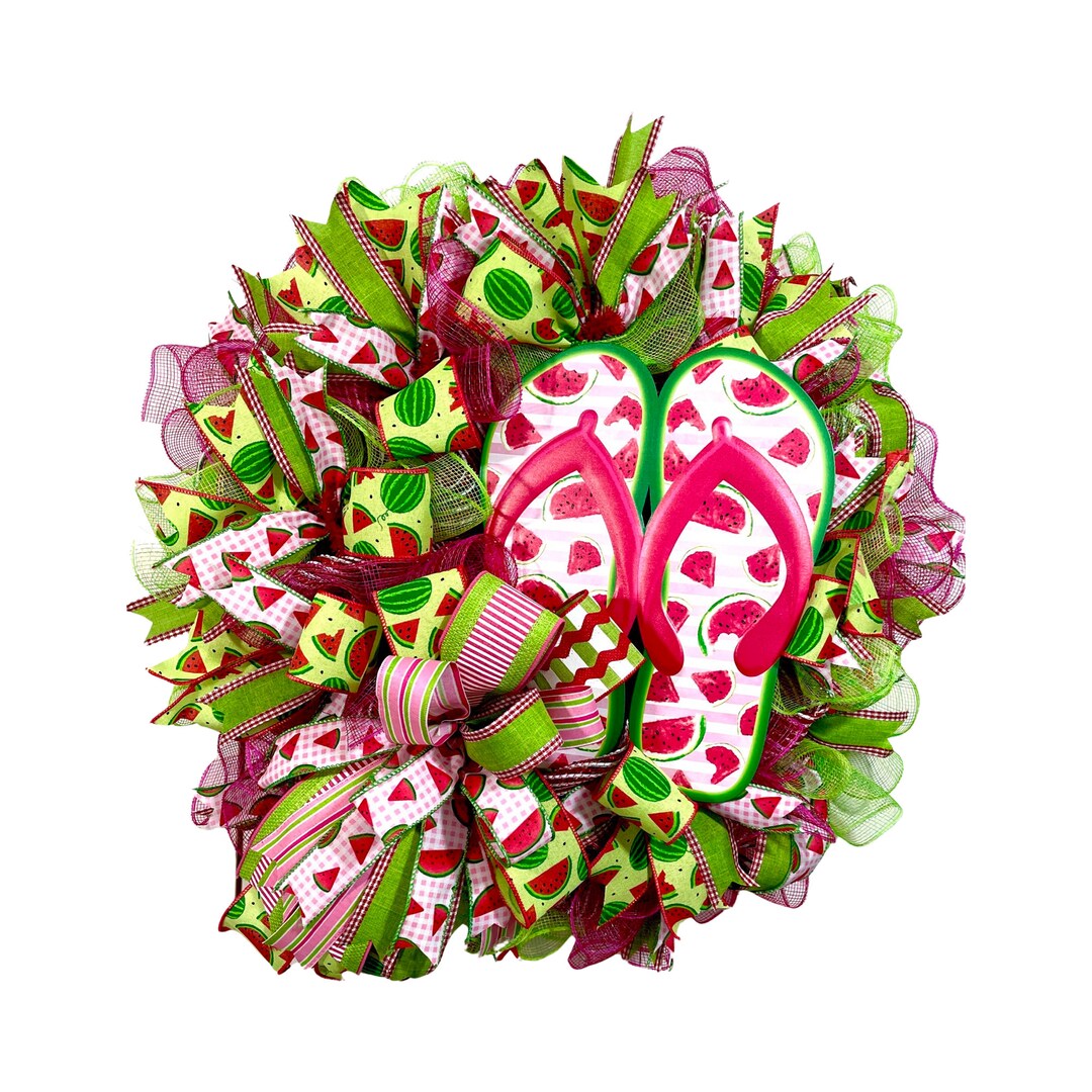 Summer Watermelon Flip Flop Wreath, Front Door Tropical Decor, Beach ...