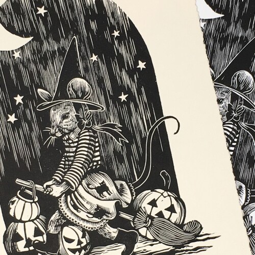 Halloween Kitty Linocut Original Handcarved Linoprint - Etsy