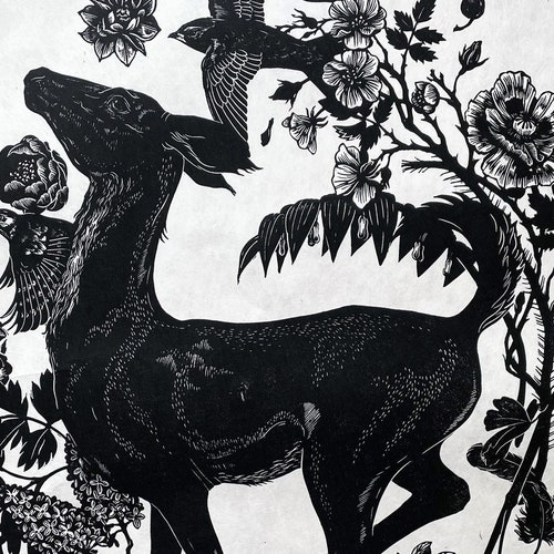 Original Linocut Featuring a Doe Surrounded by Botanicals and - Etsy