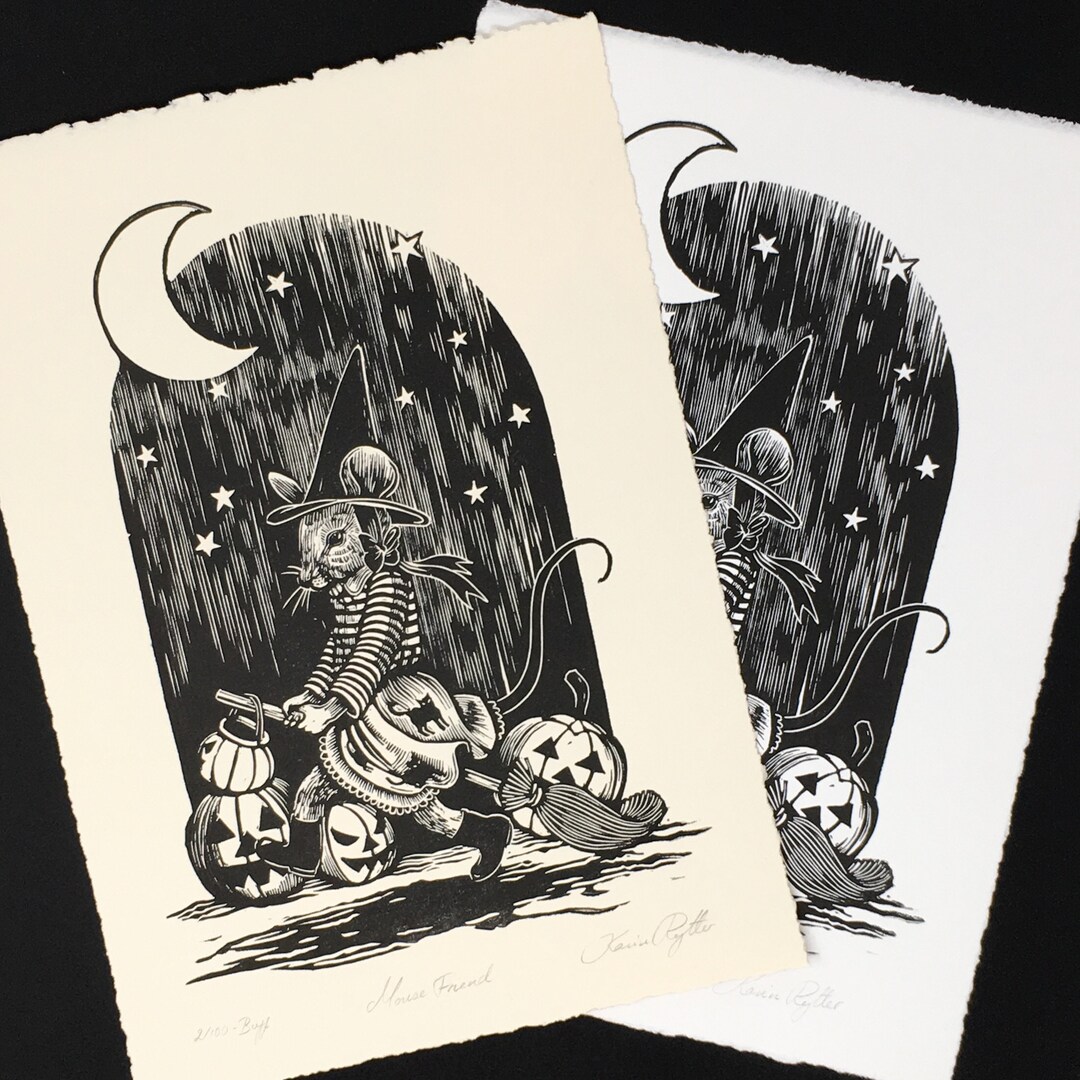 Halloween Mouse Witch Linocut - Original Handcarved Linoprint, Limited ...