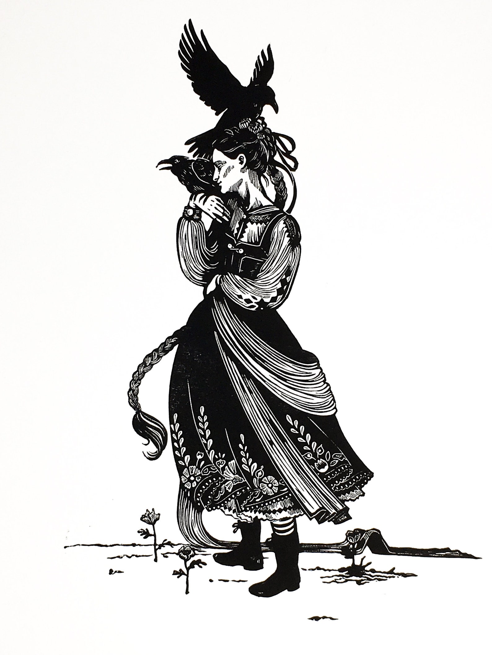 Crow Lady No. 5 Original Handcarved Linocut Linoprint B/W - Etsy