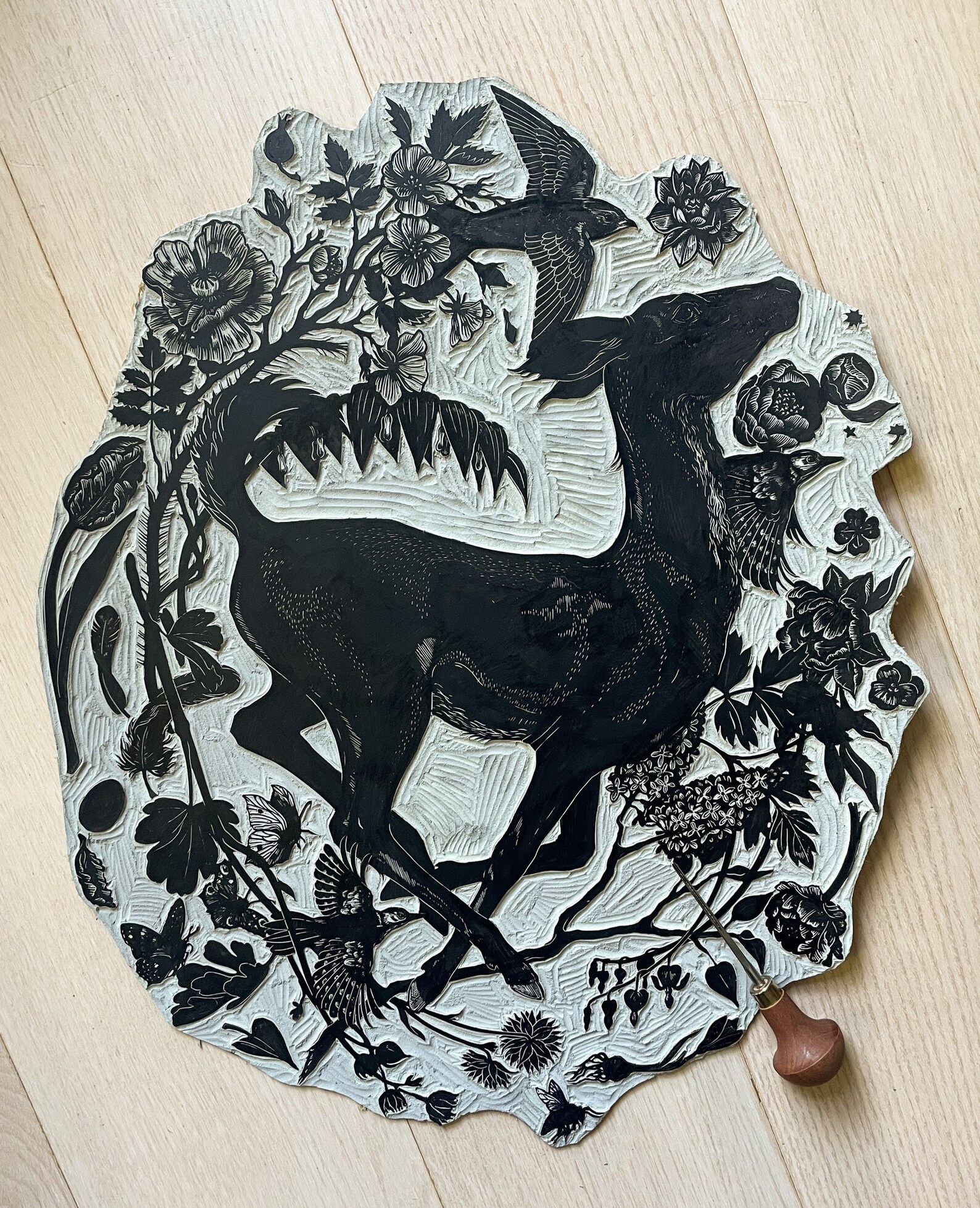 Original Linocut Featuring a Doe Surrounded by Botanicals and - Etsy