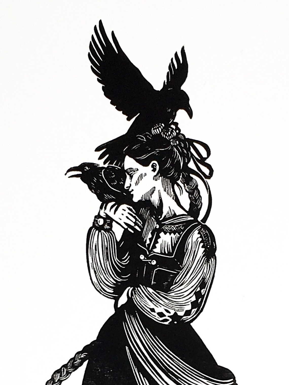 Crow Lady No. 5 Original Handcarved Linocut Linoprint B/W - Etsy