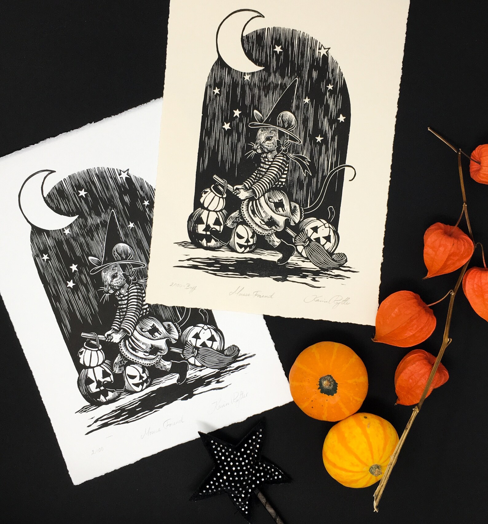 Halloween Mouse Witch Linocut Original Handcarved Linoprint - Etsy