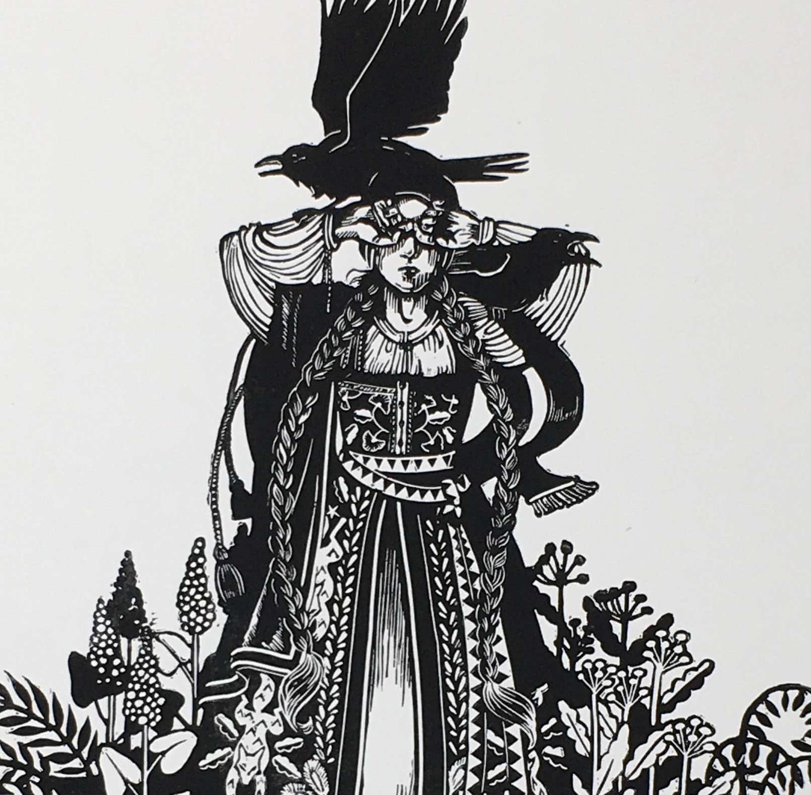 Crow Lady No.4 Original Handcarved Linocut Linoprint B/W - Etsy