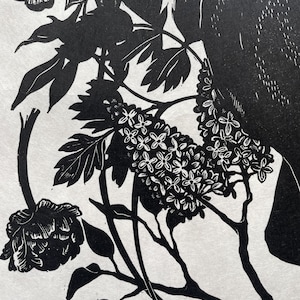 Original Linocut Featuring a Doe Surrounded by Botanicals and Critters ...