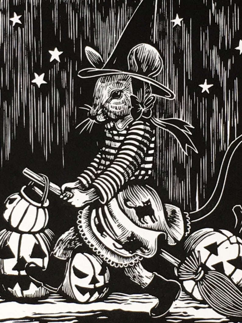 Halloween Mouse Witch Linocut Original Handcarved Linoprint - Etsy