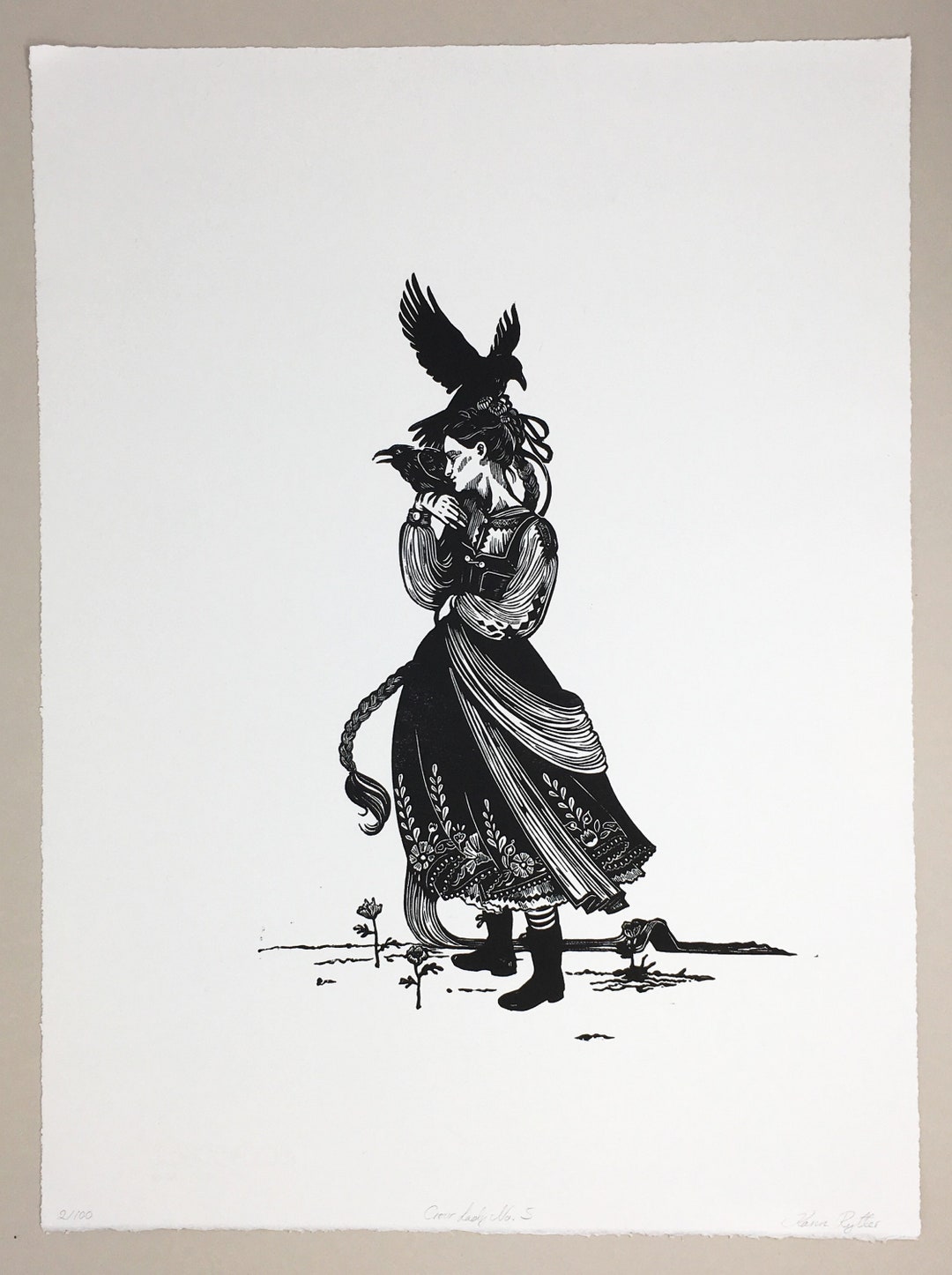 Crow Lady No. 5 - Original Handcarved Linocut Linoprint, B/W Limited ...