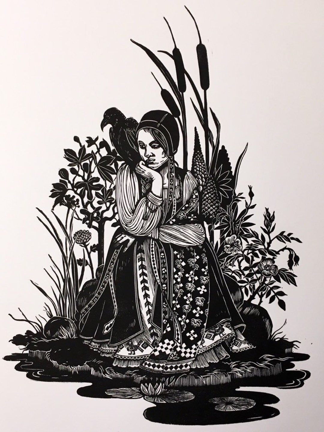Crow Lady No. 7 - Original Handcarved Linocut Linoprint, B/W Limited ...