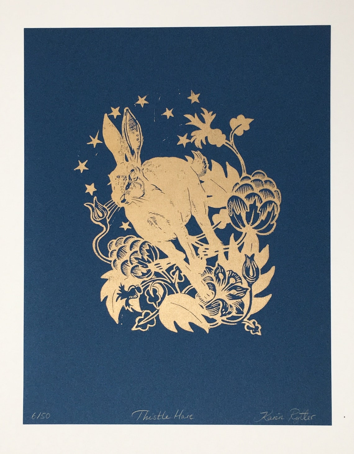 Thistle Hare Linocut Original Handcarved Handmade Linocut | Etsy