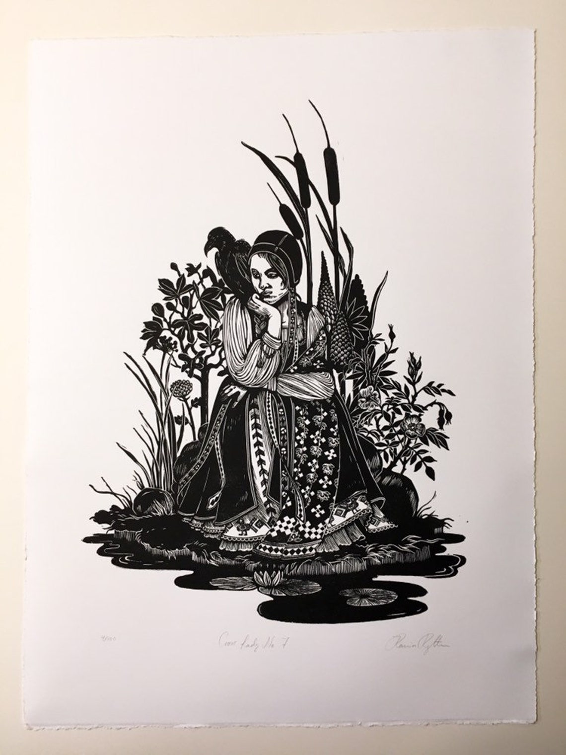Crow Lady No. 7 Original Handcarved Linocut Linoprint B/W - Etsy