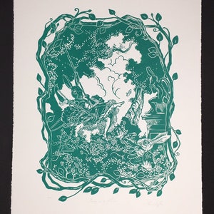 Swing in a Mirror - Original Handcarved Linocut Linoprint, B/W Limited ...