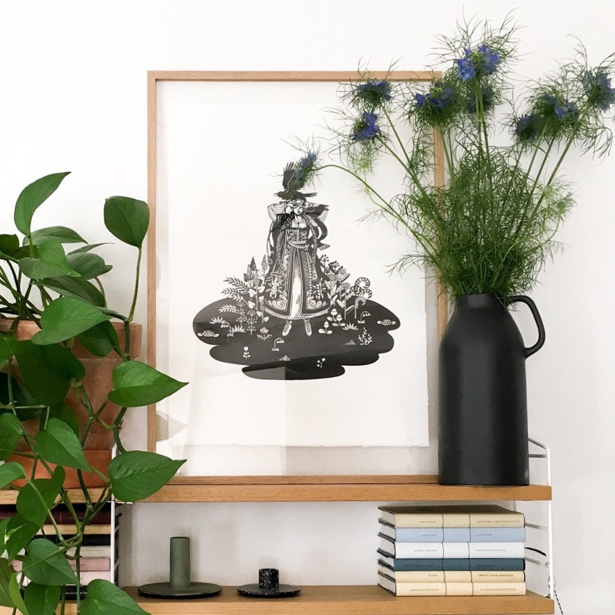 Crow Lady No.4 Original Handcarved Linocut Linoprint B/W - Etsy