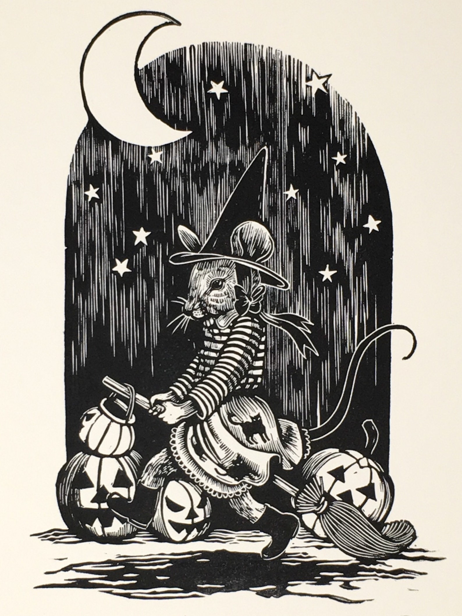 Halloween Mouse Witch Linocut Original Handcarved Linoprint - Etsy
