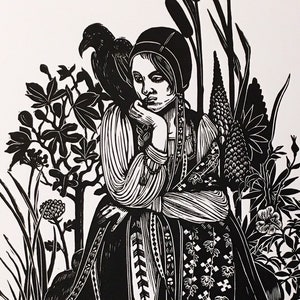 Crow Lady No. 7 - Original Handcarved Linocut Linoprint, B/W Limited ...
